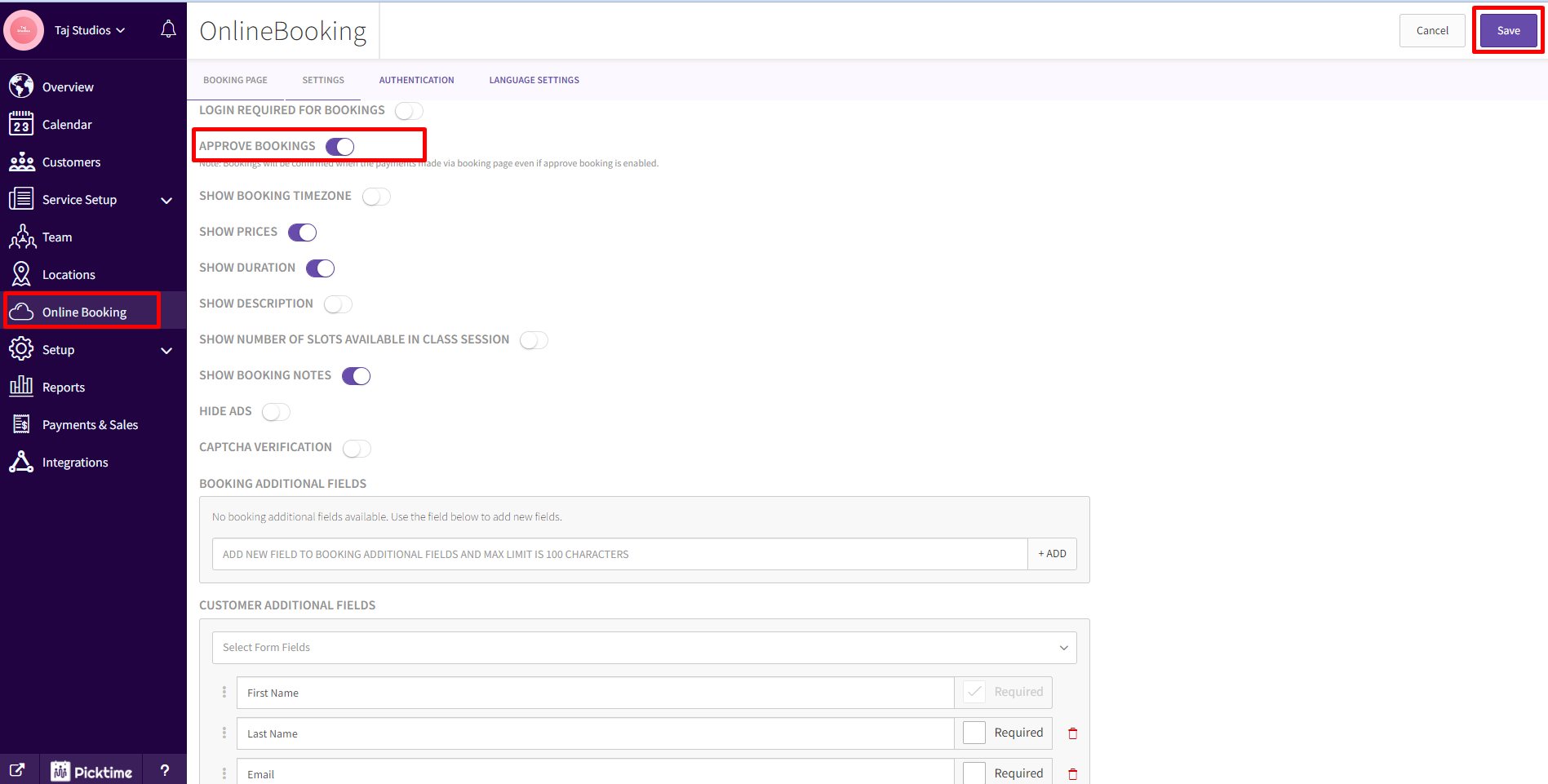 How to enable Approve Bookings in Picktime?