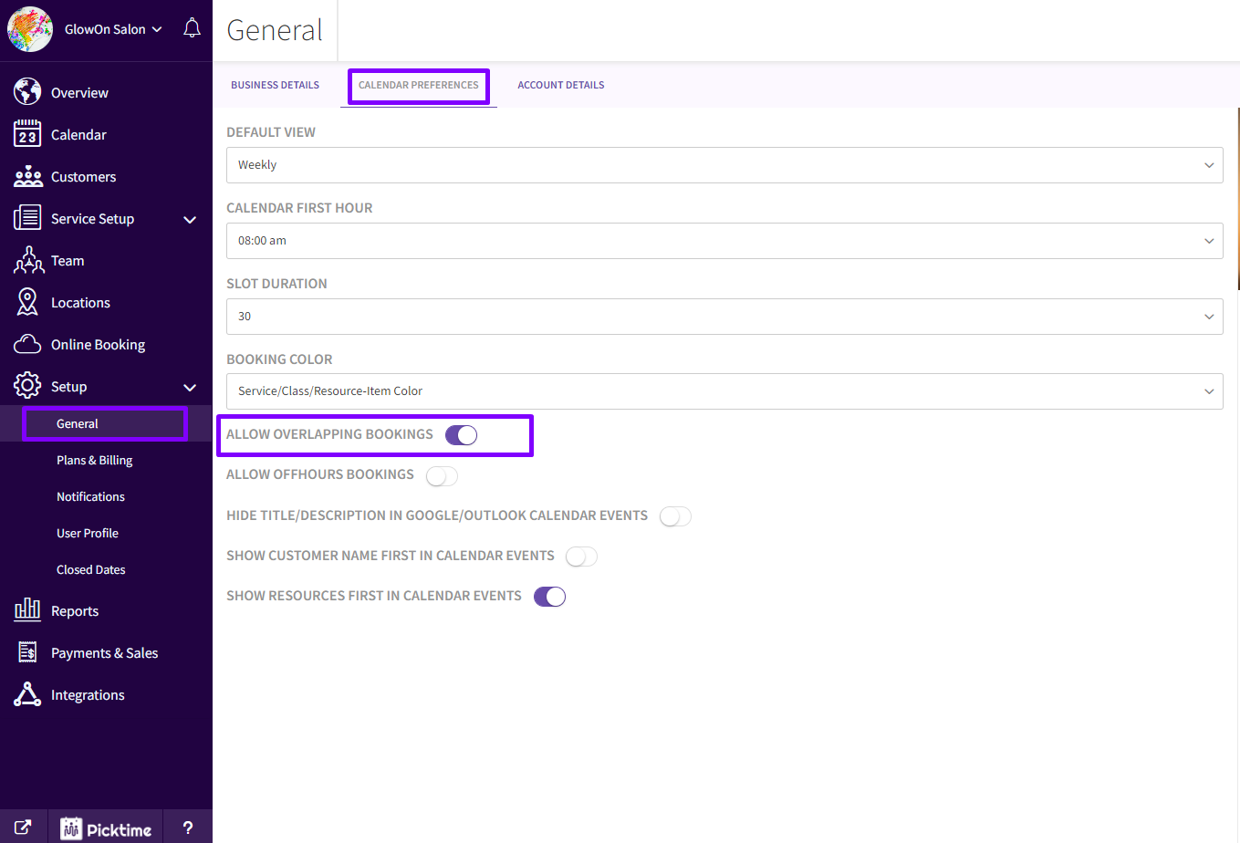 How to enable Overlap Bookings in Picktime?