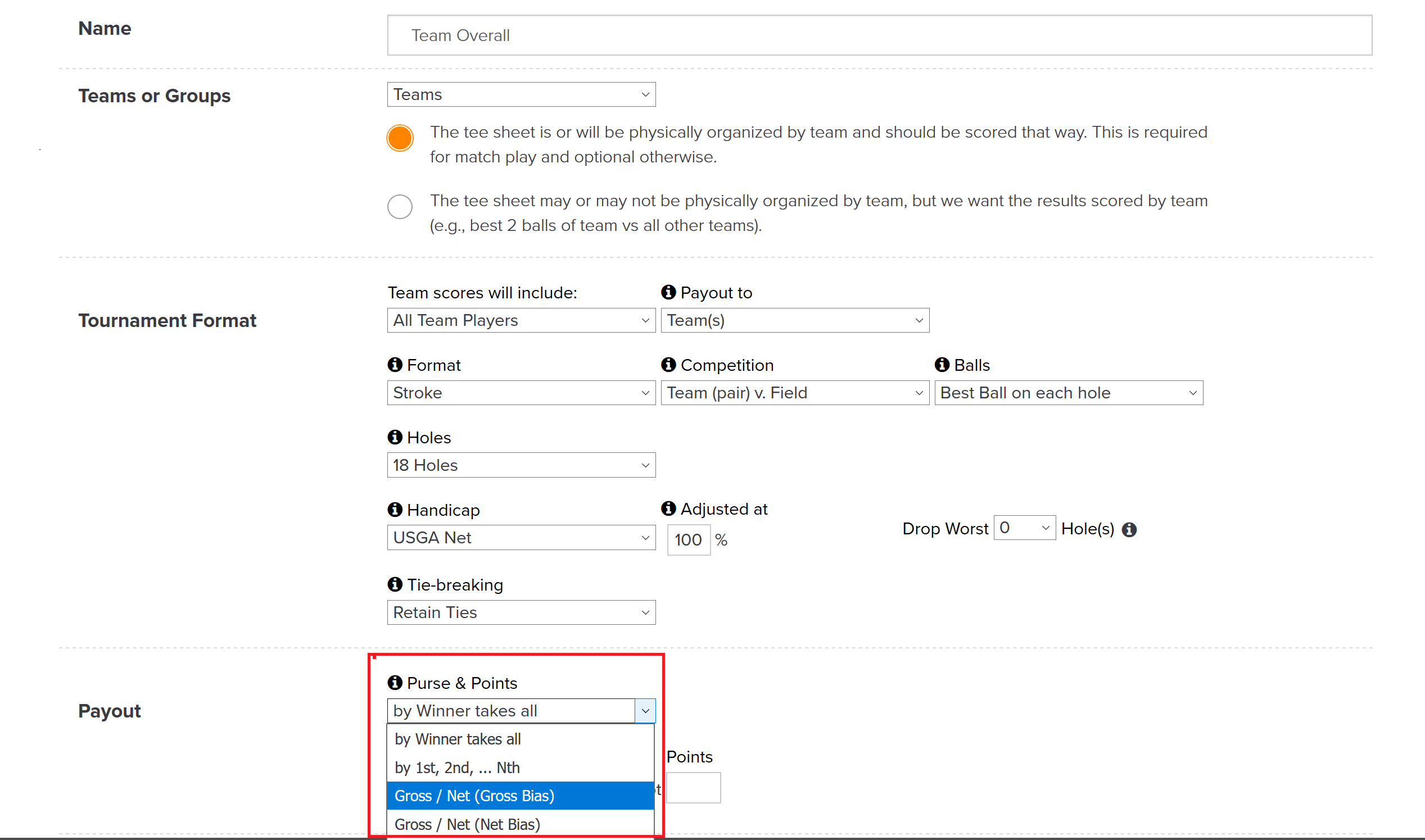 Gross/Net Bias Tournaments